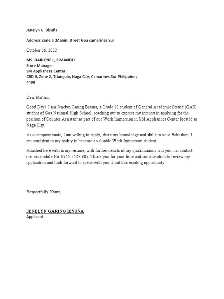 Letter of Application for the Position of Counter Assistant at SM ...