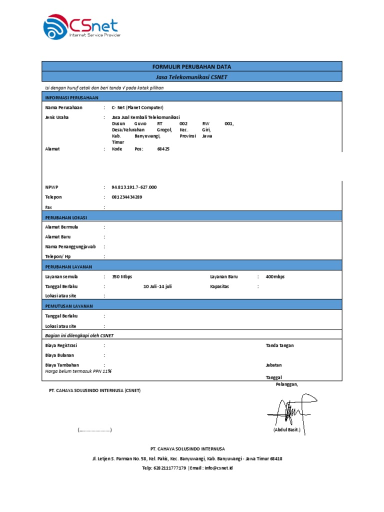Form Perubahan Layanan New | PDF