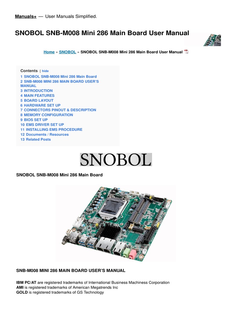 SNB m008 Mini 286 Main Board Manual | PDF | Bios | Random Access Memory