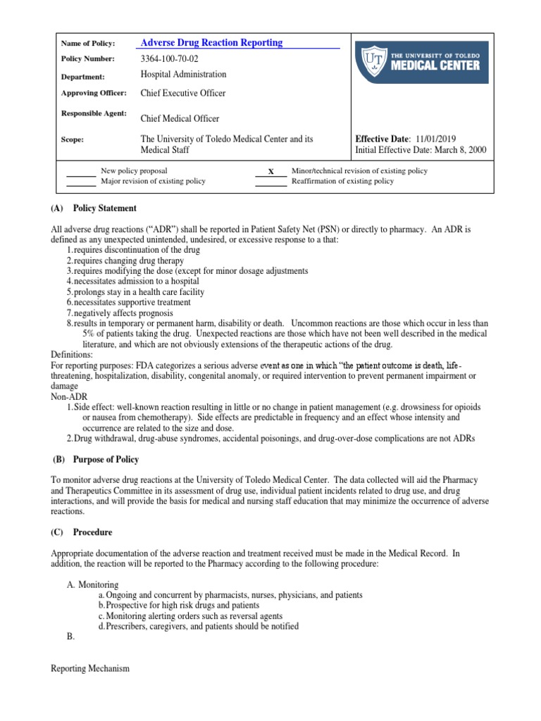 ADR Sample Policy | PDF | Pharmacy | Patient Safety
