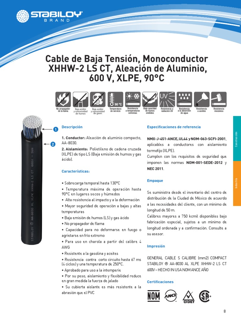 Cable de Baja Tensión, Monoconductor XHHW-2 LS CT, Aleación de Aluminio ...