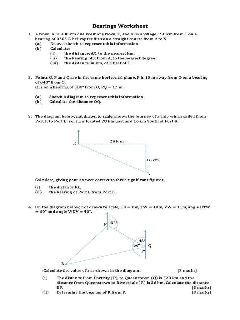 Bearings and Distance Calculations Worksheet | PDF