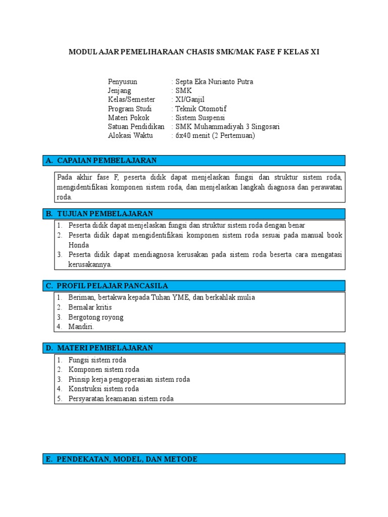 Modul Ajar Pemeliharaan Chasis Kelas XI Fase F Teknik Otomotif - Sistem Roda - Septa Eka ...
