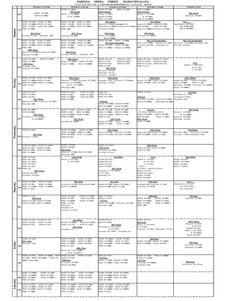 Class Routine 1st, 2nd 4th & 6th Sem 2022-23 | PDF