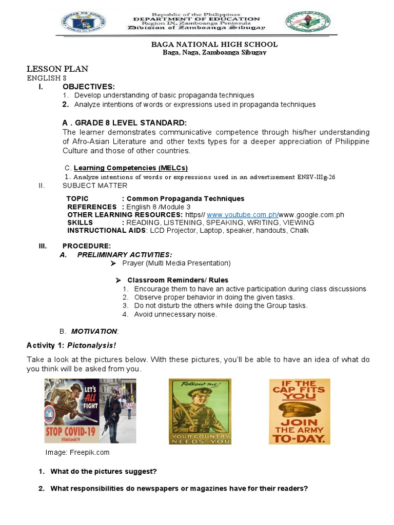 Lesson Plan Cot English 8 | PDF | Propaganda | Learning