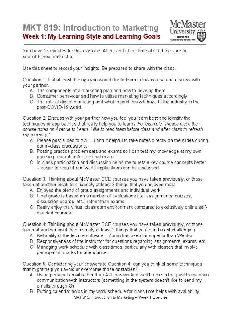 MKT 819 - Week 1 Exercise | PDF | Marketing | Distance Education