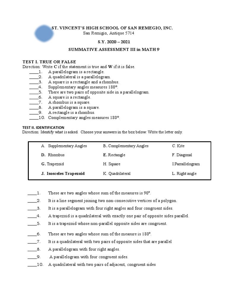 Third Departmental Test in Math 9 | PDF | Rectangle | Elementary Geometry