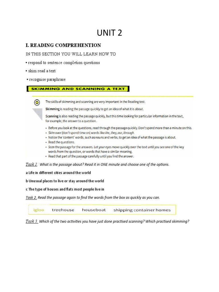 Unit 2: I. Reading Comprehention | PDF
