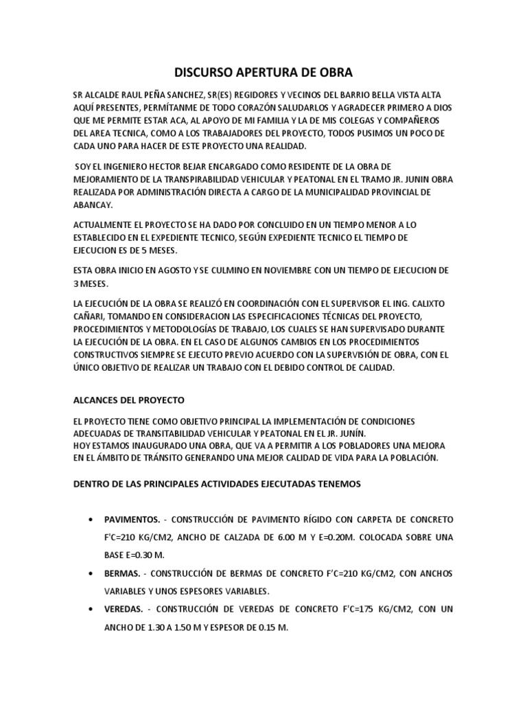 Discurso Apertura de Obra | PDF