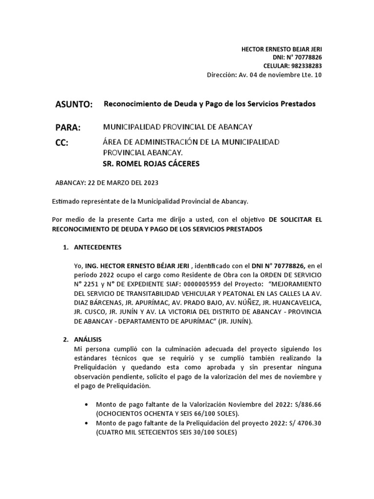 Carta de Reconocimiento de Deuda | PDF