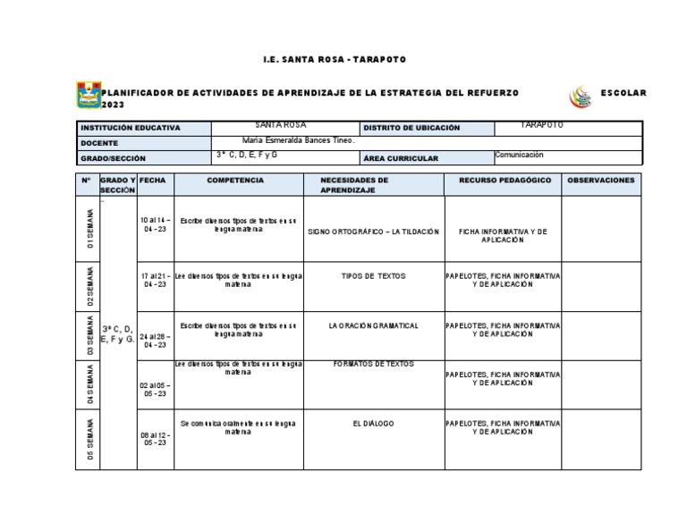 3 °planificador Del Refuerzo Escolar | PDF | Aprendizaje | Cognición