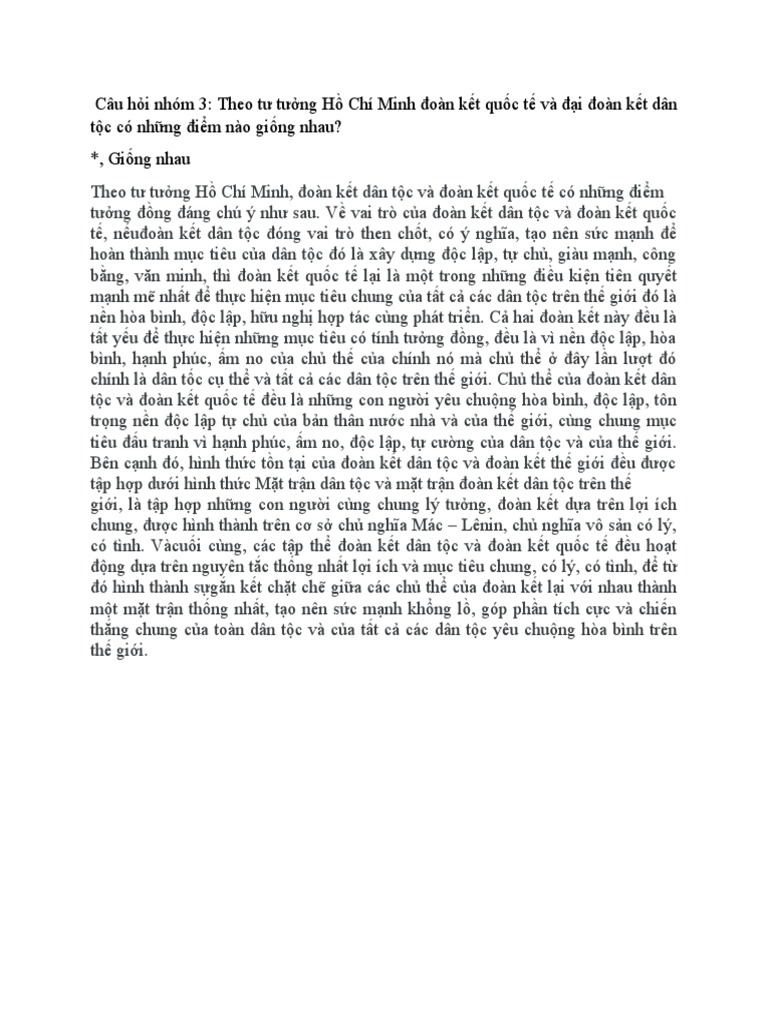 Câu hỏi nhóm 3: Theo tư tưởng Hồ Chí Minh đoàn kết quốc tế và đại đoàn kết dân tộc có những điểm ...