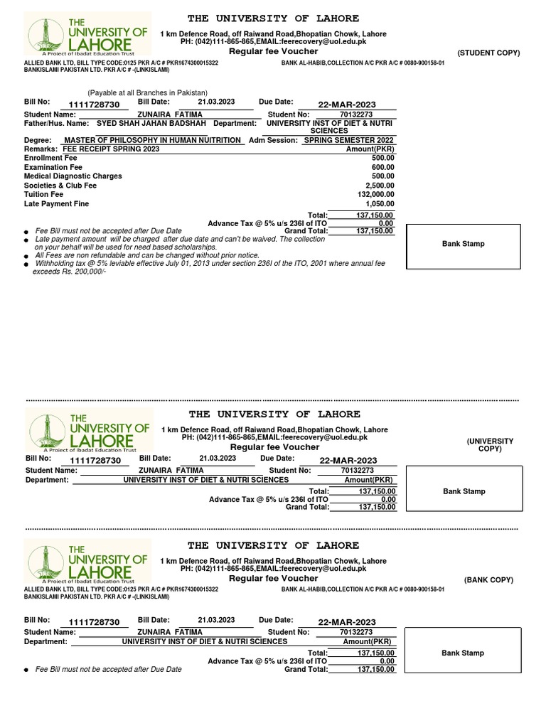 University Lahore Fee Receipt | PDF | Fee | Payments
