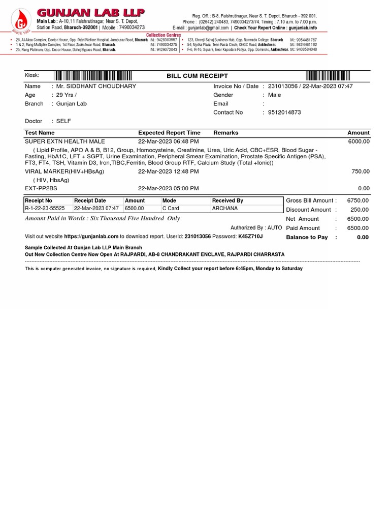 Bill Receipt for Super Extn Health Male Test | PDF | Medicine ...