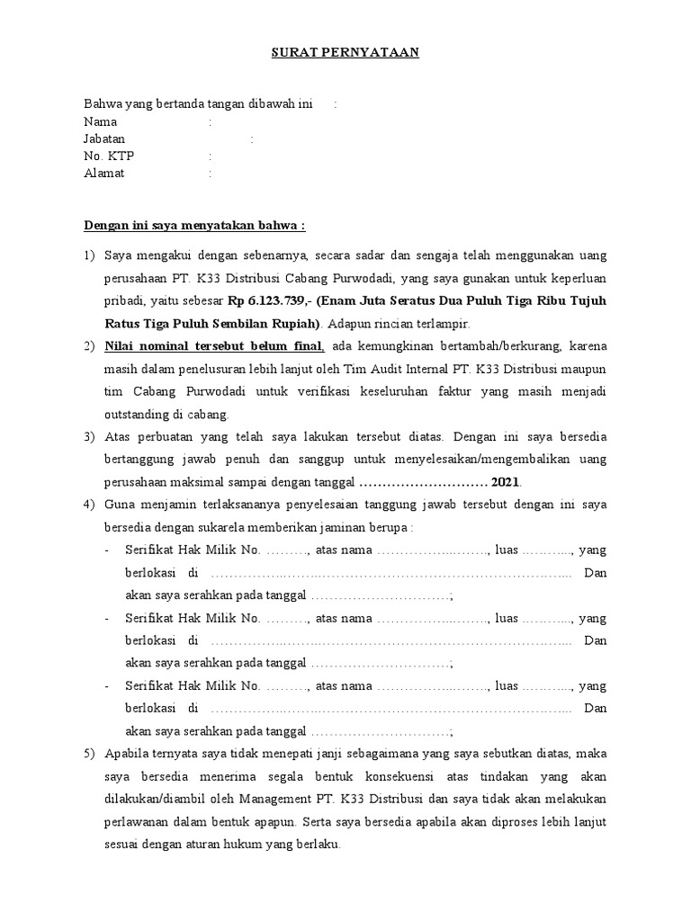 SURAT PERNYATAAN PENGGELAPAN SETORAN | PDF