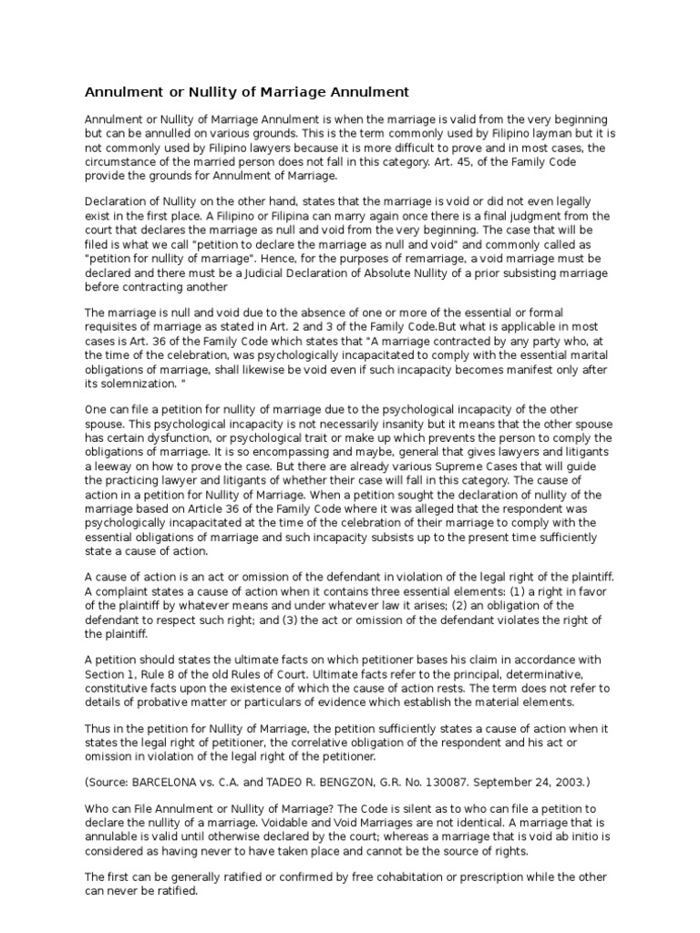 Philippines - Annulment or Nullity of Marriage Annulment | PDF ...
