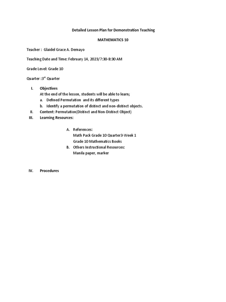 Detailed Lesson Plan For Demonstration Teaching | PDF