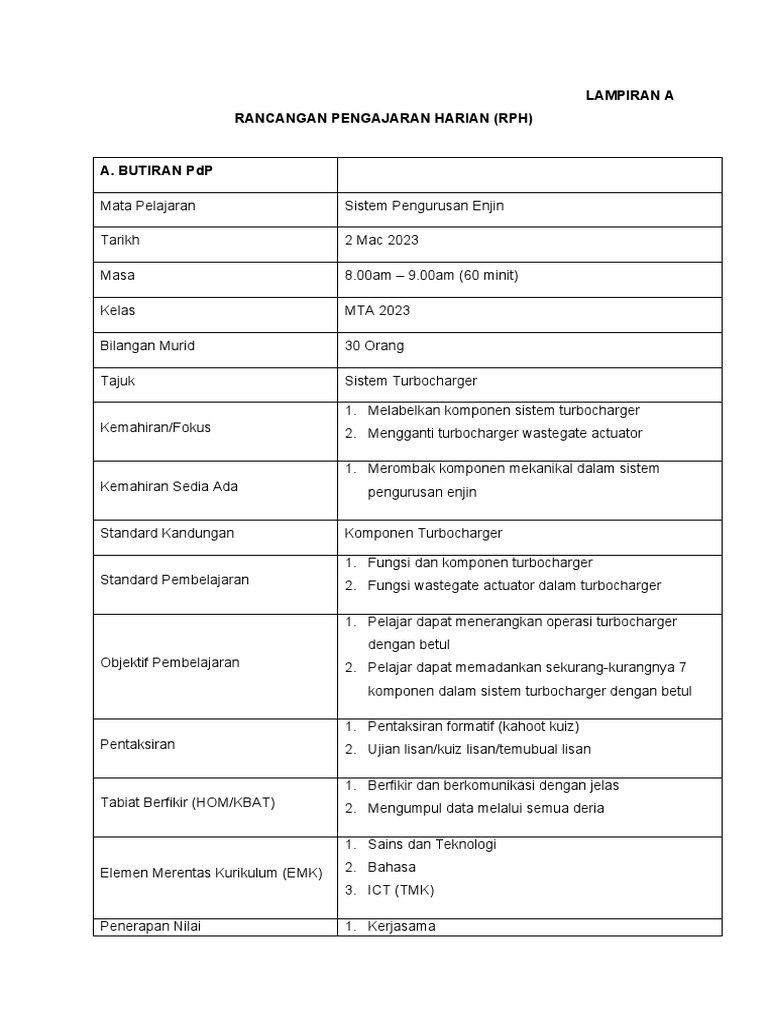 Rancangan Pengjaran Harian (RPH) - Pedagogi Auto | PDF