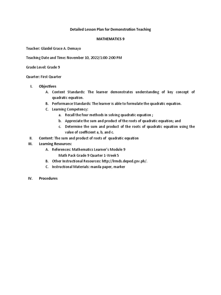 Detailed Lesson Plan For Demonstration Teaching Mathematics 9 | PDF ...