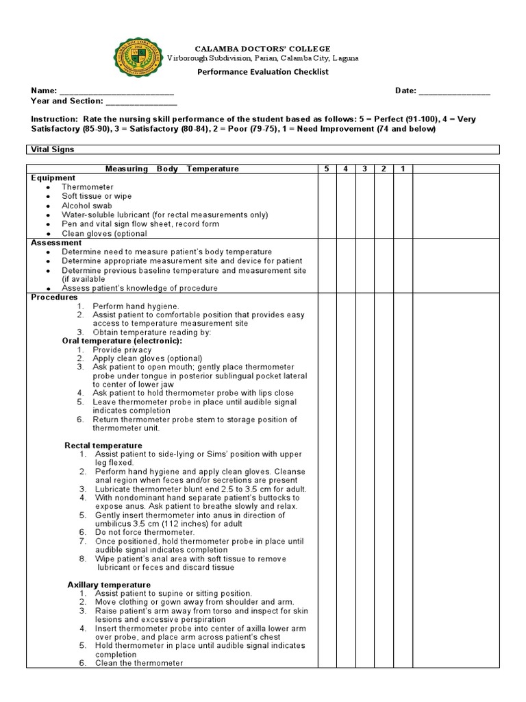 Performance Evaluation Checklist | PDF | Pulse | Blood Pressure