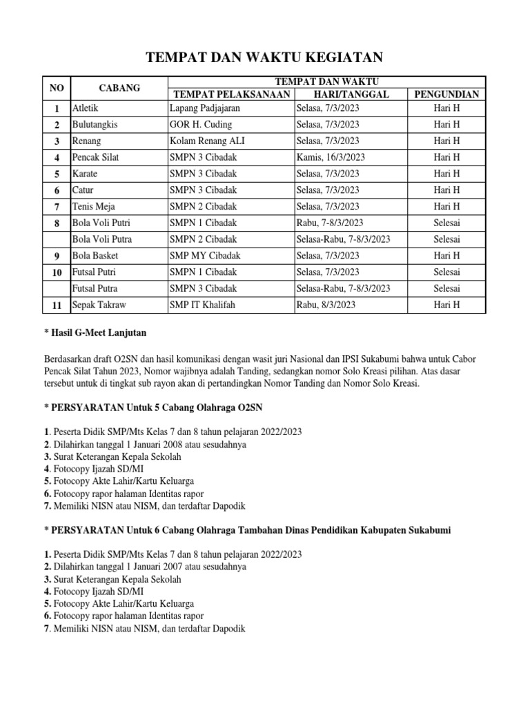 Tempat, Waktu, Jadwal Dan Persyaratan O2SN 2023. | PDF