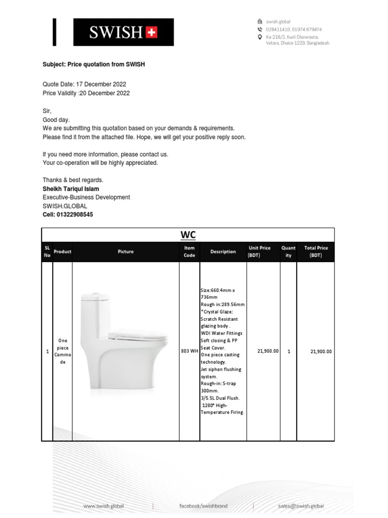 SWISH Overall Price Quotation 17.12.22 | PDF | Water | Chemistry