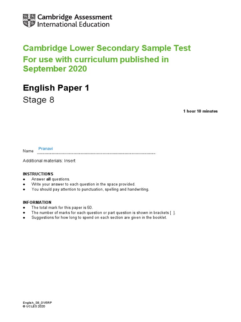 English Stage 8 Sample Paper 1 | PDF | Linguistics | Human Communication