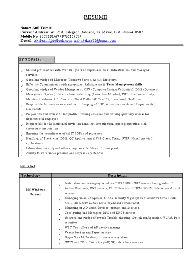Anil Tekale Resume Updated | PDF | Computer Network | Server (Computing)