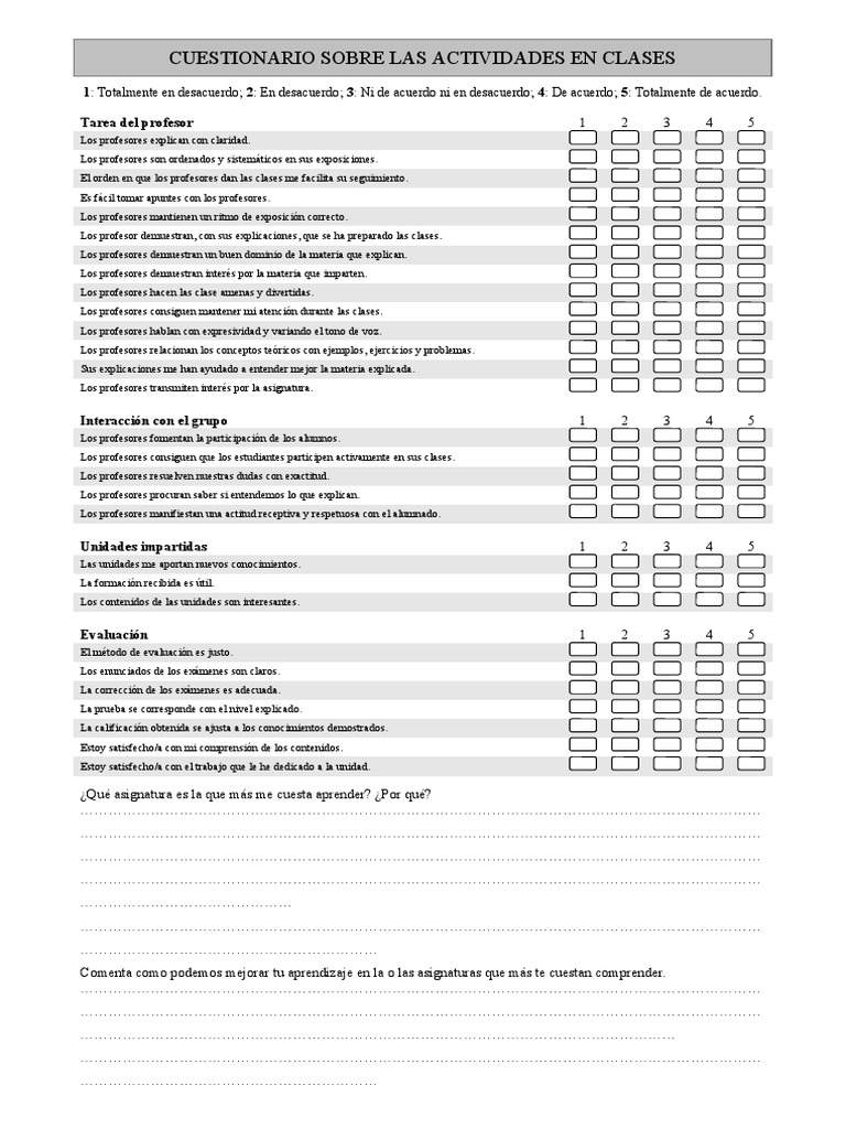 Cuestionario Sobre Las Actividades en Clases: 1 2 3 4 5 Tarea Del ...