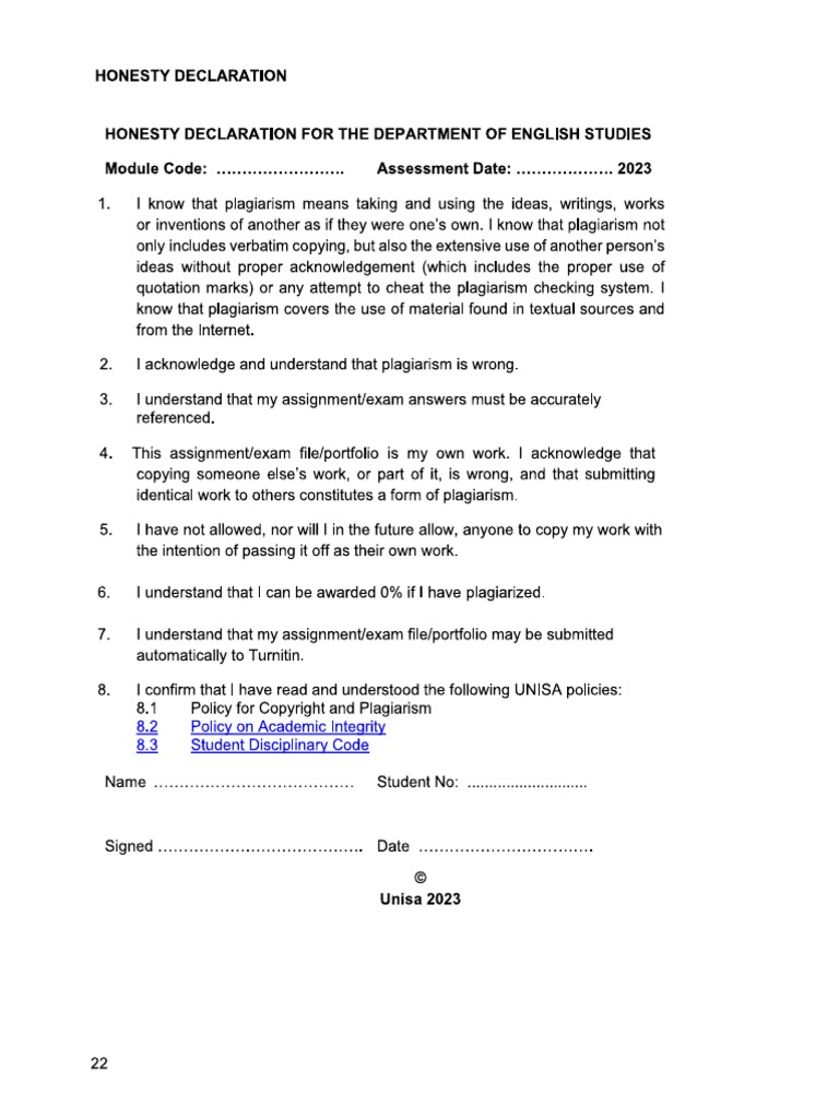 ENG1503 Declaration Form | PDF