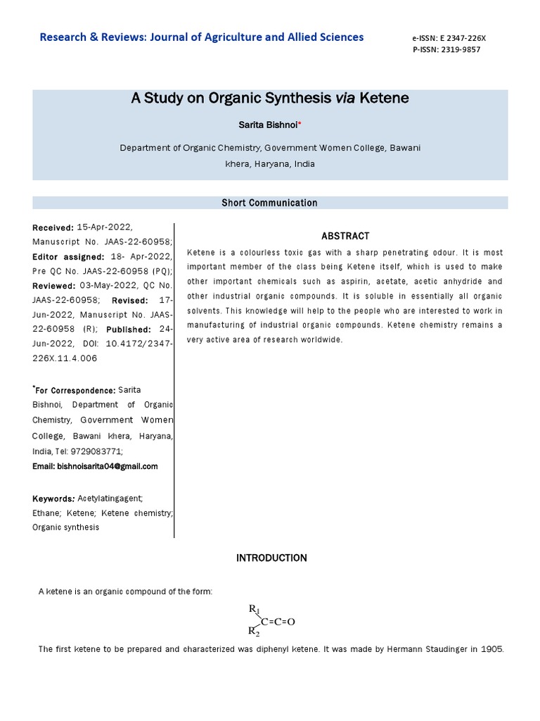 A Study On Organic Synthesis Via Ketene | PDF | Ketone | Methyl Group