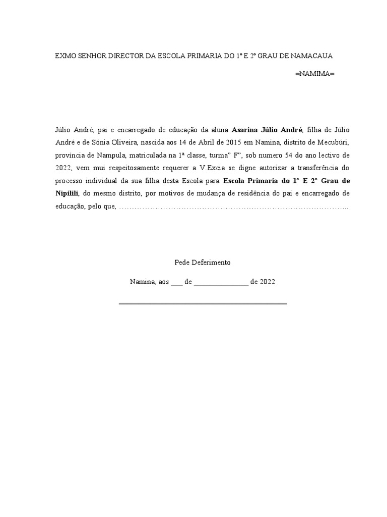 Exmo Senhor Director Da Escola Primaria Do 1º e 2º Grau de Namacaua | PDF