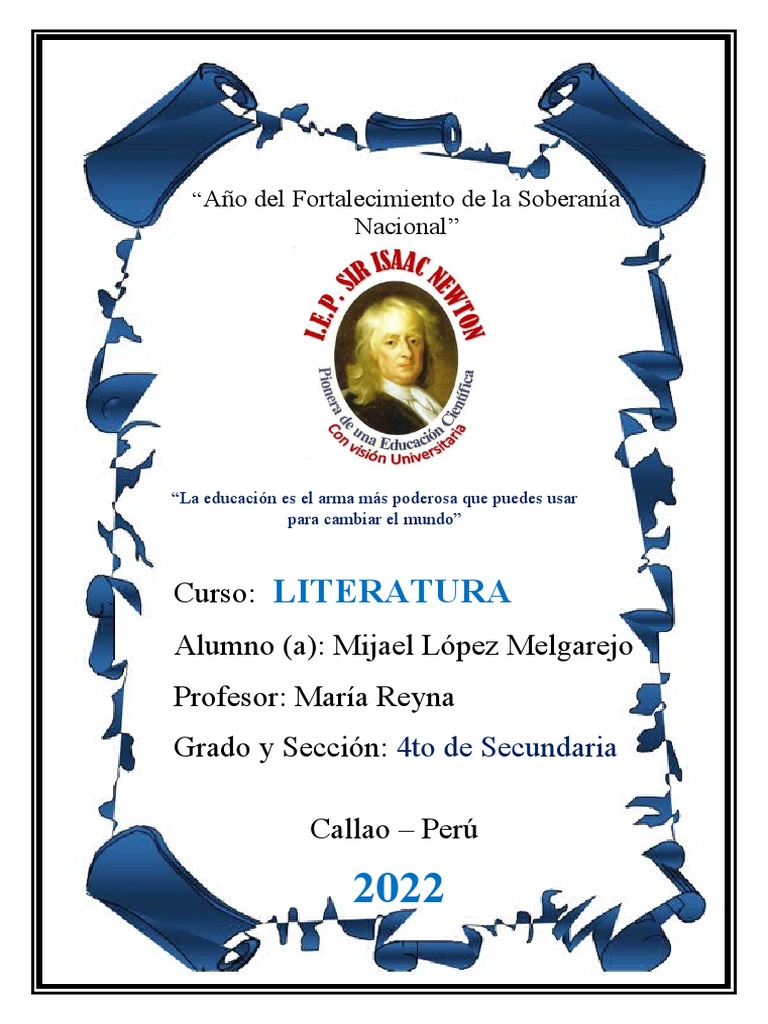 Literatura: Curso: Alumno (A) : Mijael López Melgarejo Profesor: María ...
