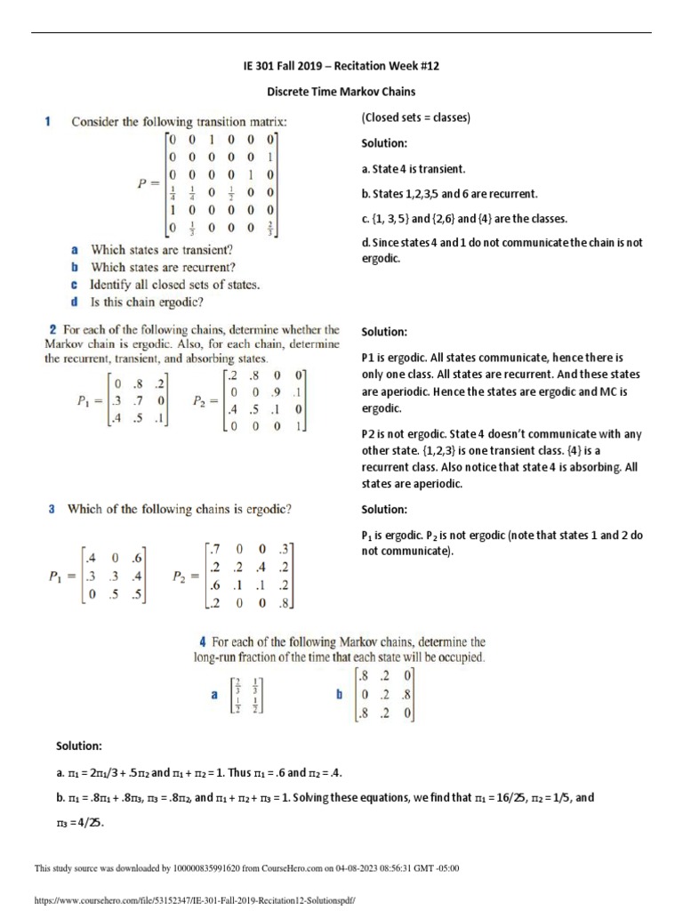Markov Chain Analysis and Solutions | PDF | Markov Chain | Probability Theory