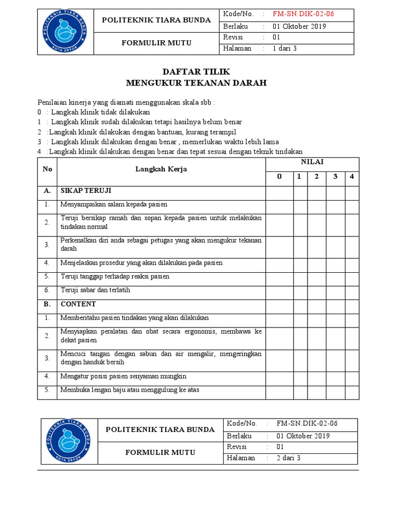 Daftar Tilik Mengukur Tekanan Darah | PDF