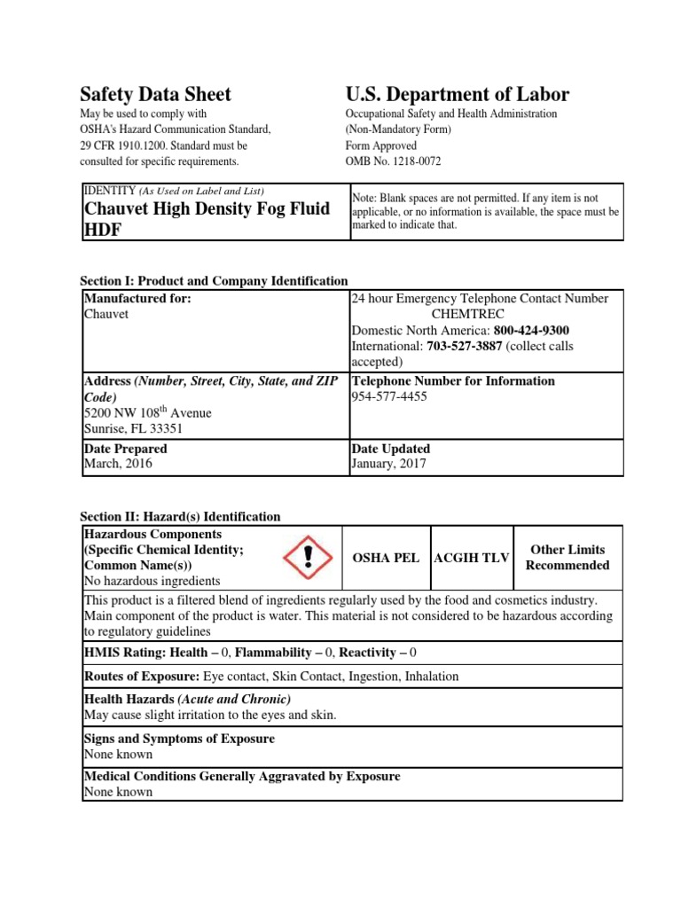 Safety Data Sheet U.S. Department of Labor: Chauvet High Density Fog Fluid HDF | Download Free ...