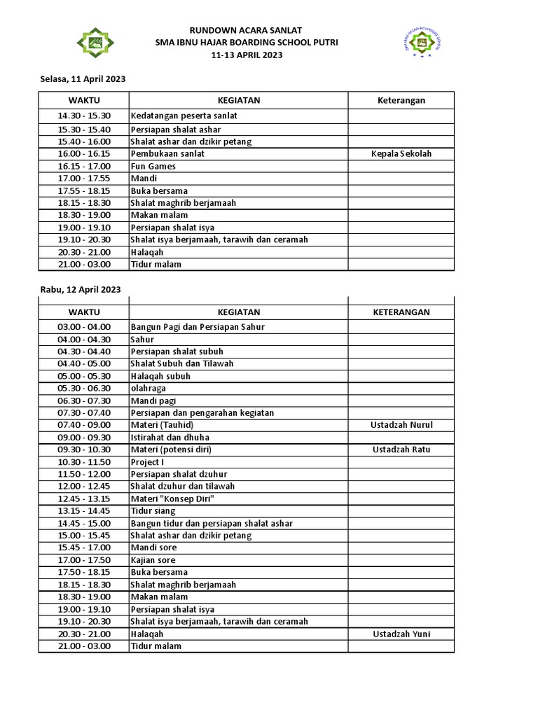 Rundown Sanlat SMA Ibnu Hajar 2023 | PDF