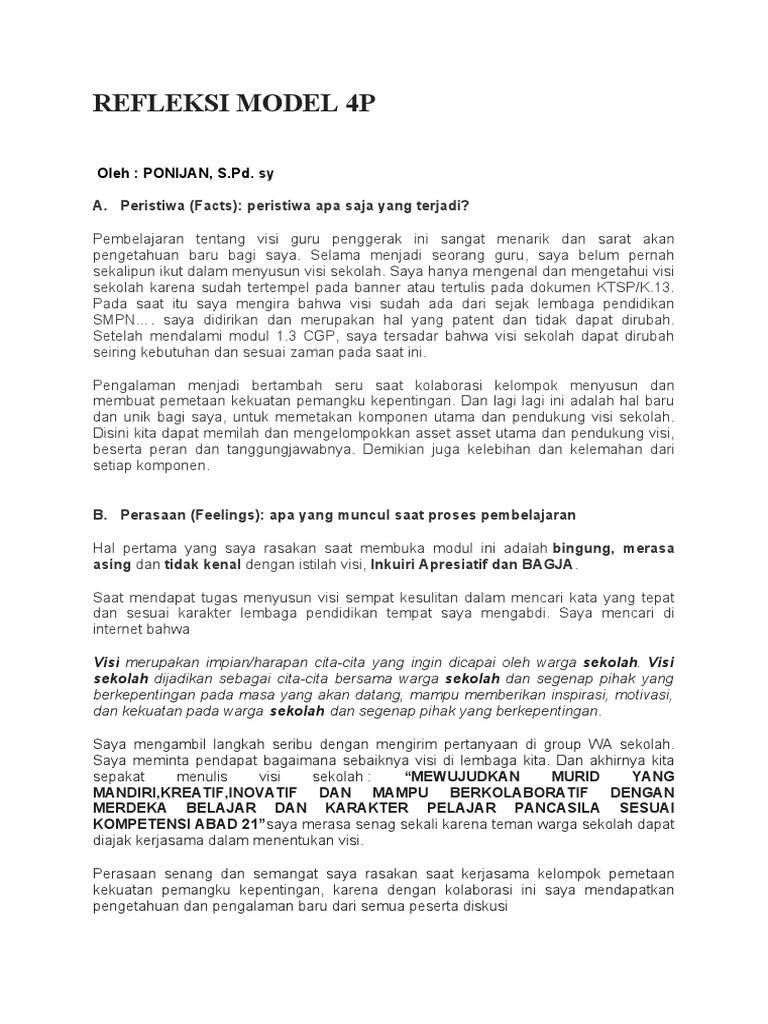 Refleksi Model 4P: Oleh: PONIJAN, S.PD | PDF