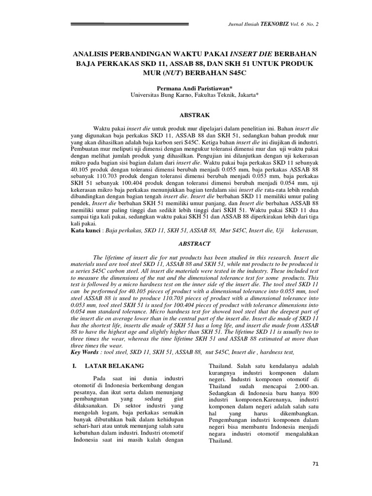 Analisis Perbandingan Waktu Pakai Insert Die Berbahan Baja Perkakas SKD 11, Assab 88, Dan SKH 51 ...