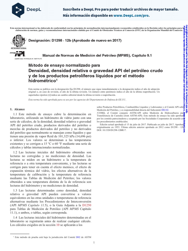 ASTM D1298 G. Especifica-Español | PDF | Temperatura | Densidad ASTM D1298 G. Especifica-Español | PDF | Temperatura | Densidad