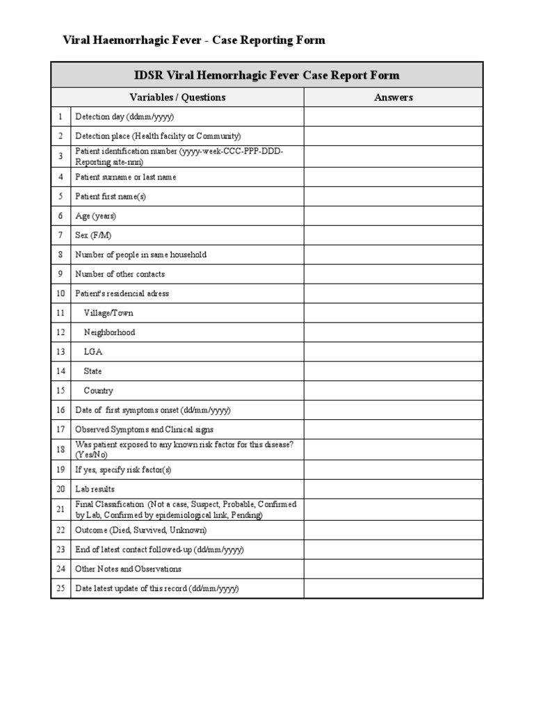 Viral Haemorrhagic Fever - Case Reporting Form IDSR Viral Hemorrhagic ...