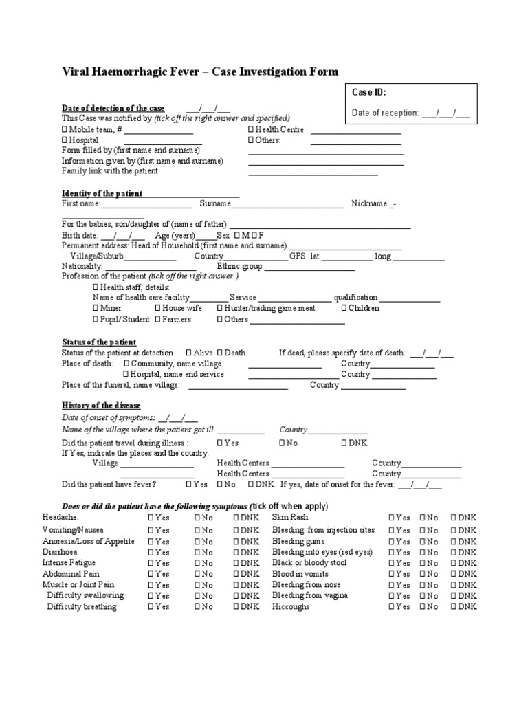 Viral Haemorrhagic Fever - Case Investigation Form: Date of Detection ...