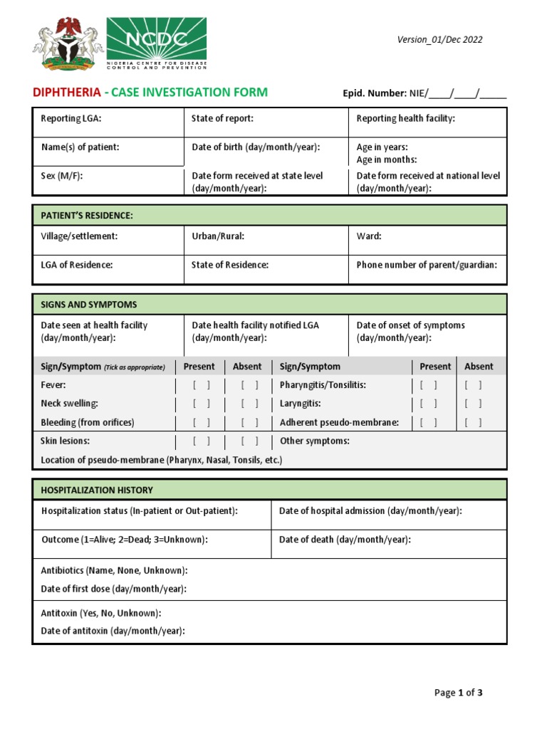 Case Investigation Form: Diphtheria | PDF | Patient | Microbiology