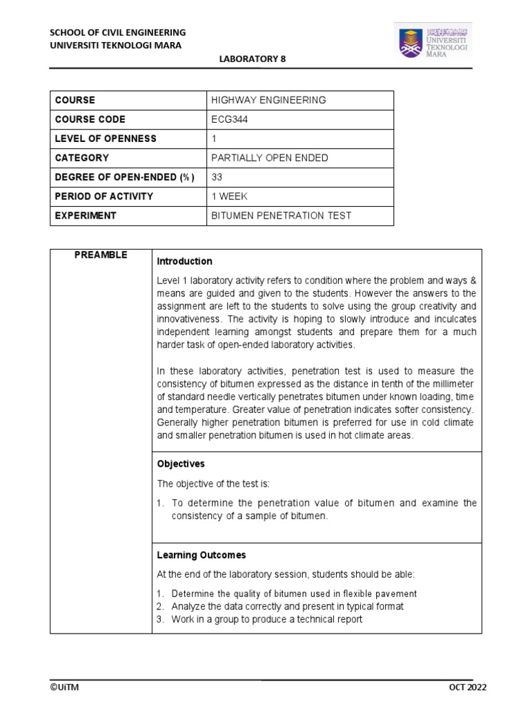 LAB 8 Bitumen Penetration OEL1 | PDF | Asphalt | Laboratories