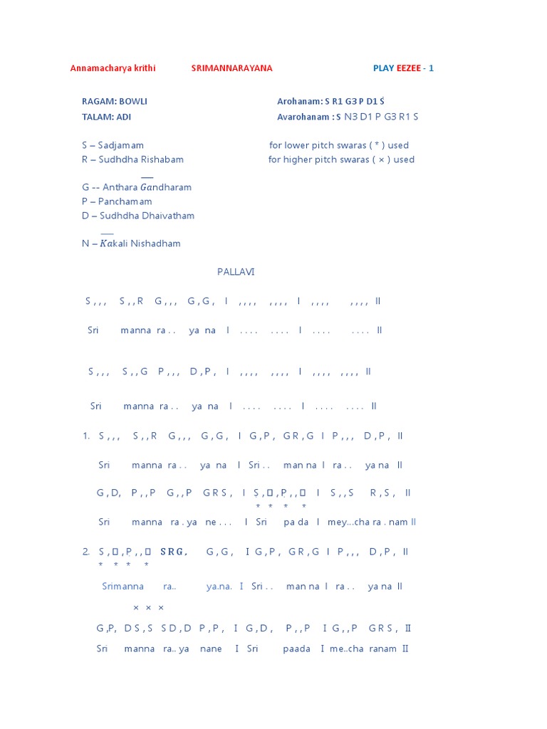 Annamacharya Krithi SRIMANNARAYANA: Play - 1 | PDF | Notation | Musicology
