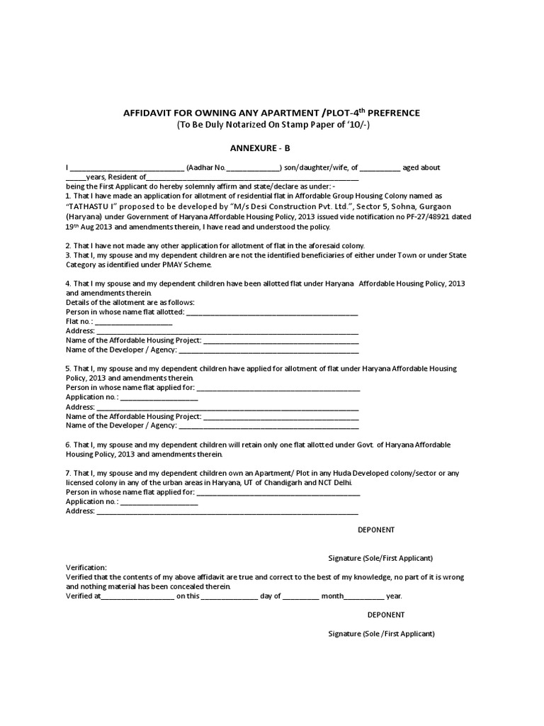 AFFIDAVIT FOR OWNING ANY APARTMENT (T-I) 4th Pref. | PDF | Affidavit | Document