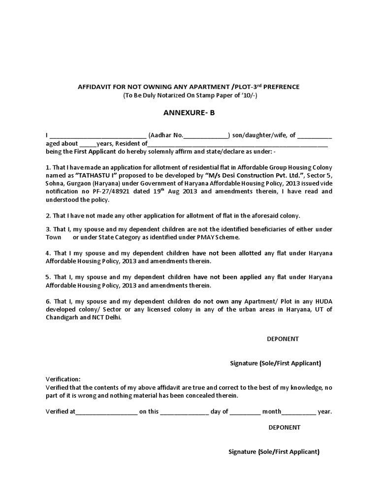 AFFIDAVIT FOR NOT OWNING ANY APARTMENT (T-I) - 3rd Pref. | PDF | Affidavit | Government