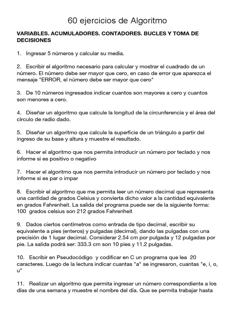 60 Ejercicios de Algoritmo | PDF | Archivo de computadora | Algoritmos