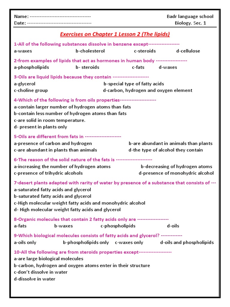 Exercises On Lipids | PDF | Fatty Acid | Fat