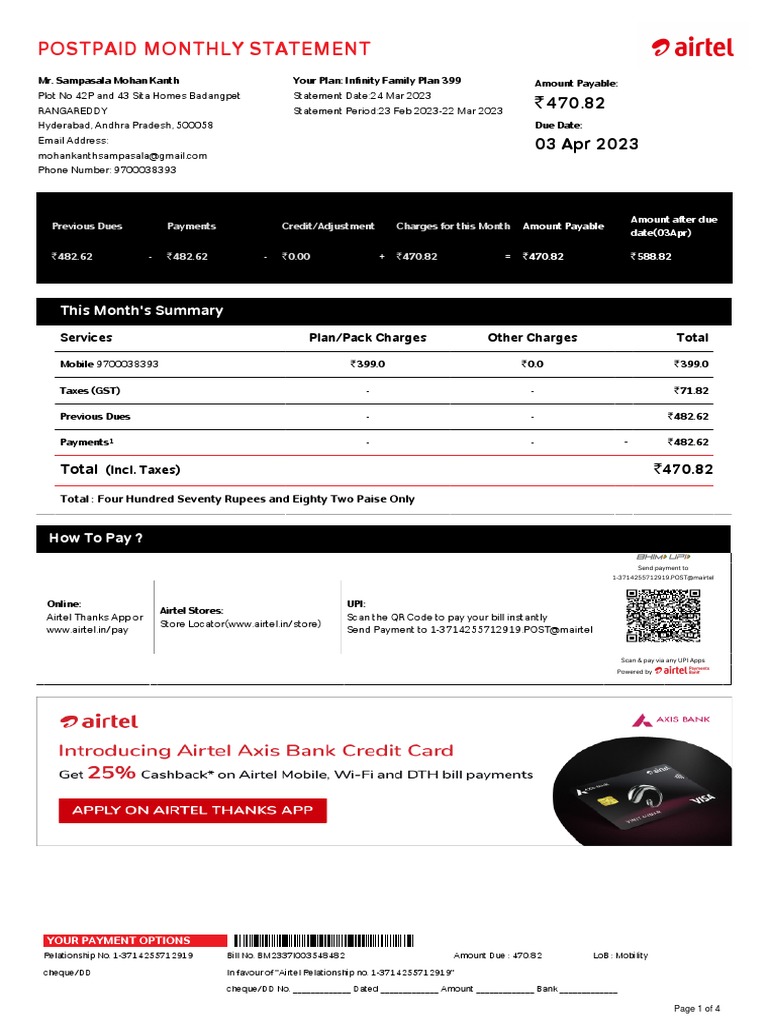 Postpaid Monthly Statement: This Month's Summary | PDF | Payments | Cheque